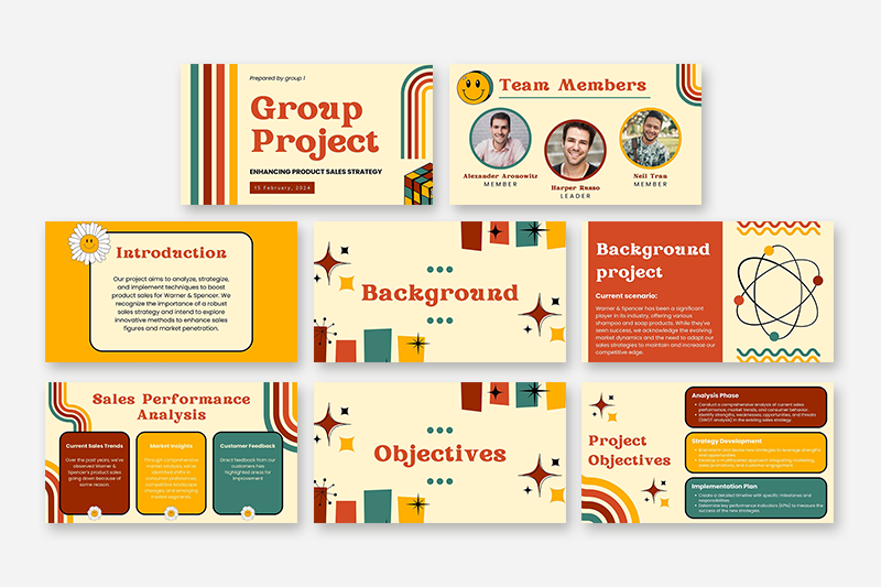Colorful Retro Simple Sales Group Project Presentation (Canva) - Din Studio